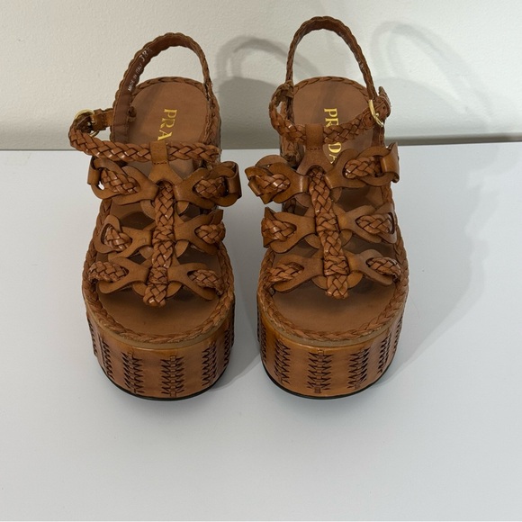 Prada | Shoes | Prada Braided Leather Platform Wedge Sandals Womens ...